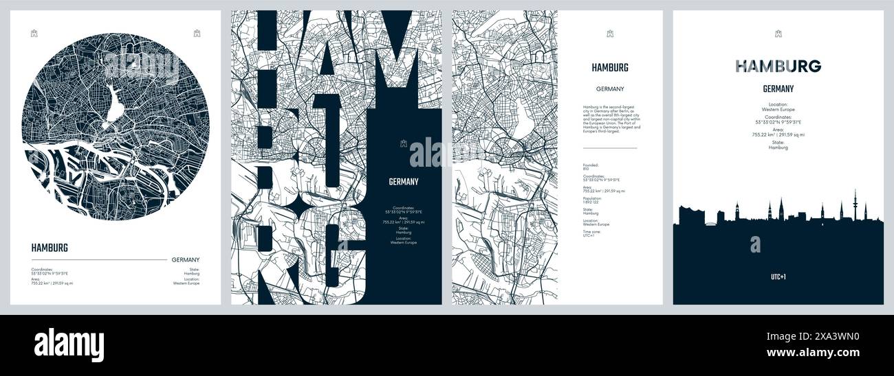 Set of travel posters with Hamburg, detailed urban street plan city map ...