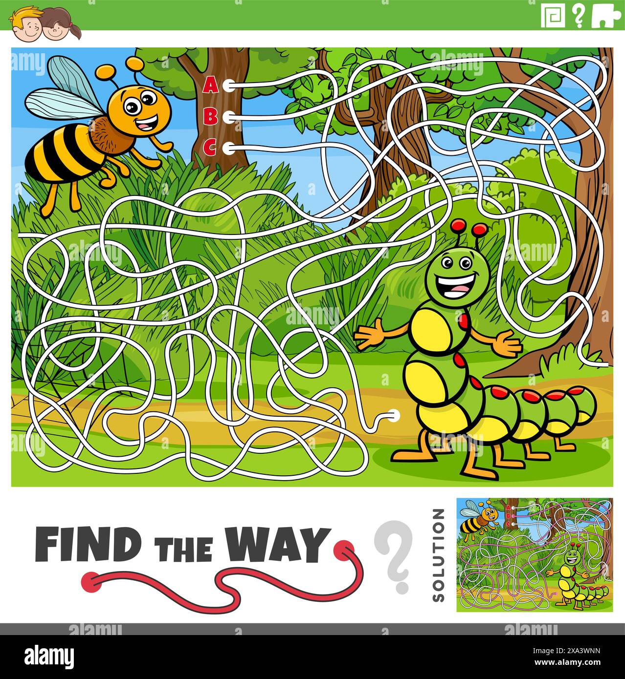 Cartoon illustration of find the way maze puzzle activity game with bee ...