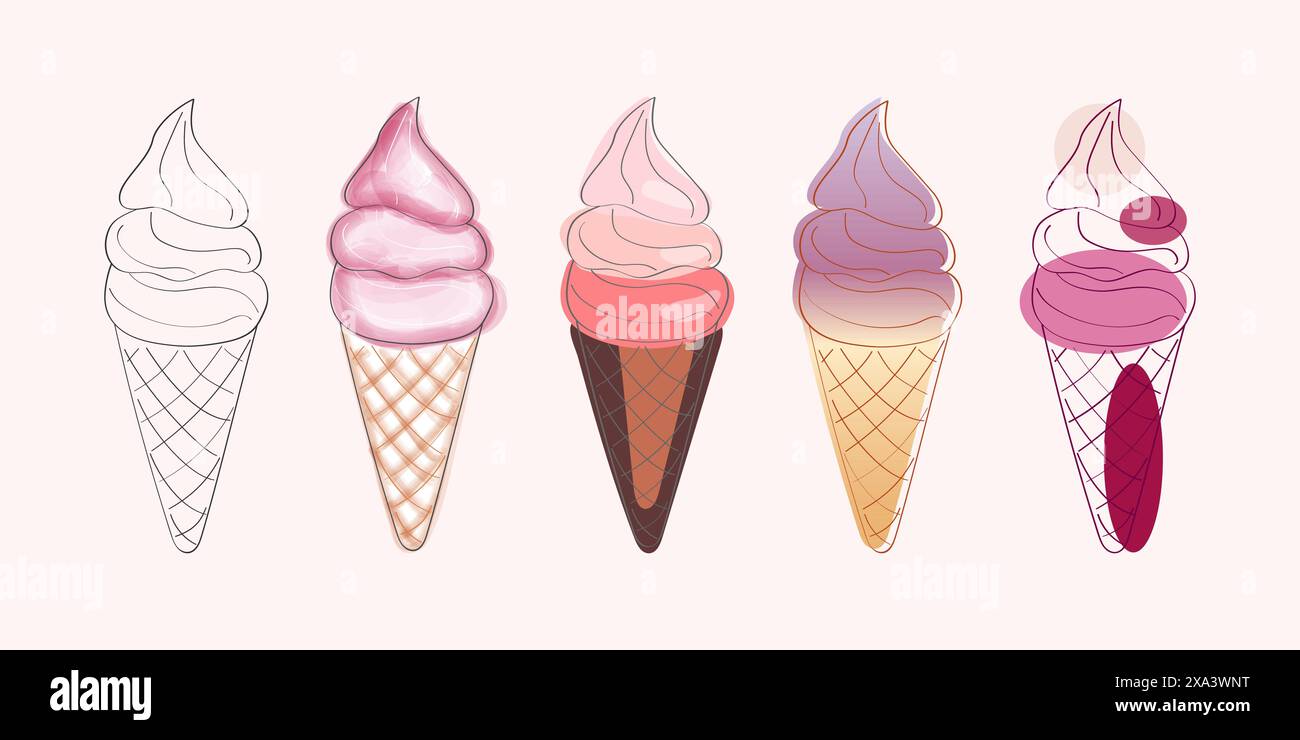 This image features a set of five ice cream cones in different stages ...