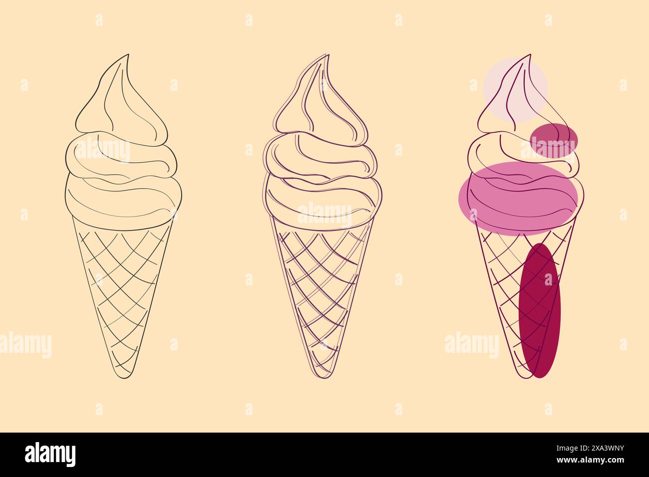 This image depicts a simple line drawing of three ice cream cones. The ...
