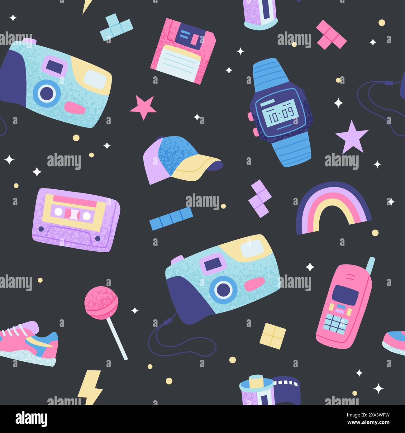 90s retro seamless pattern. Cute bright multicolor elements on dark ...