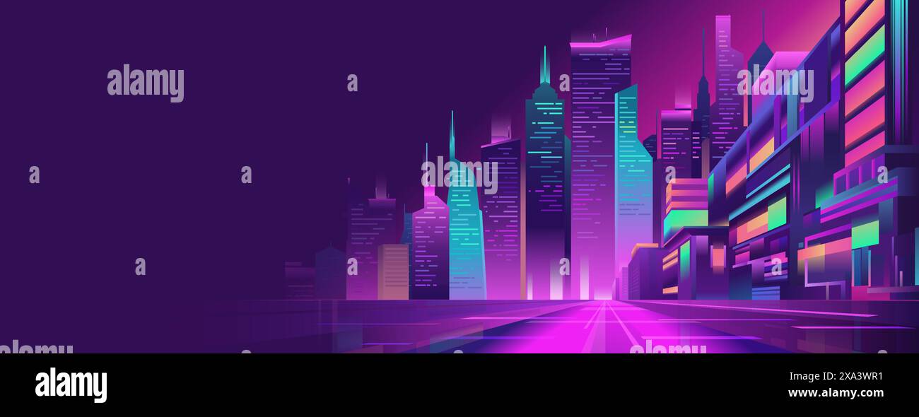 City night street with houses and buildings with glowing blue and ...
