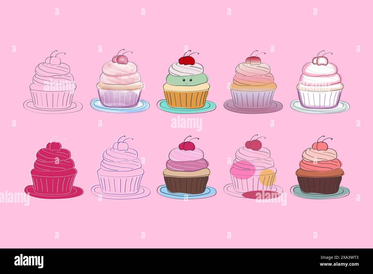 A digital illustration of ten colorful cupcakes with cherries on top ...