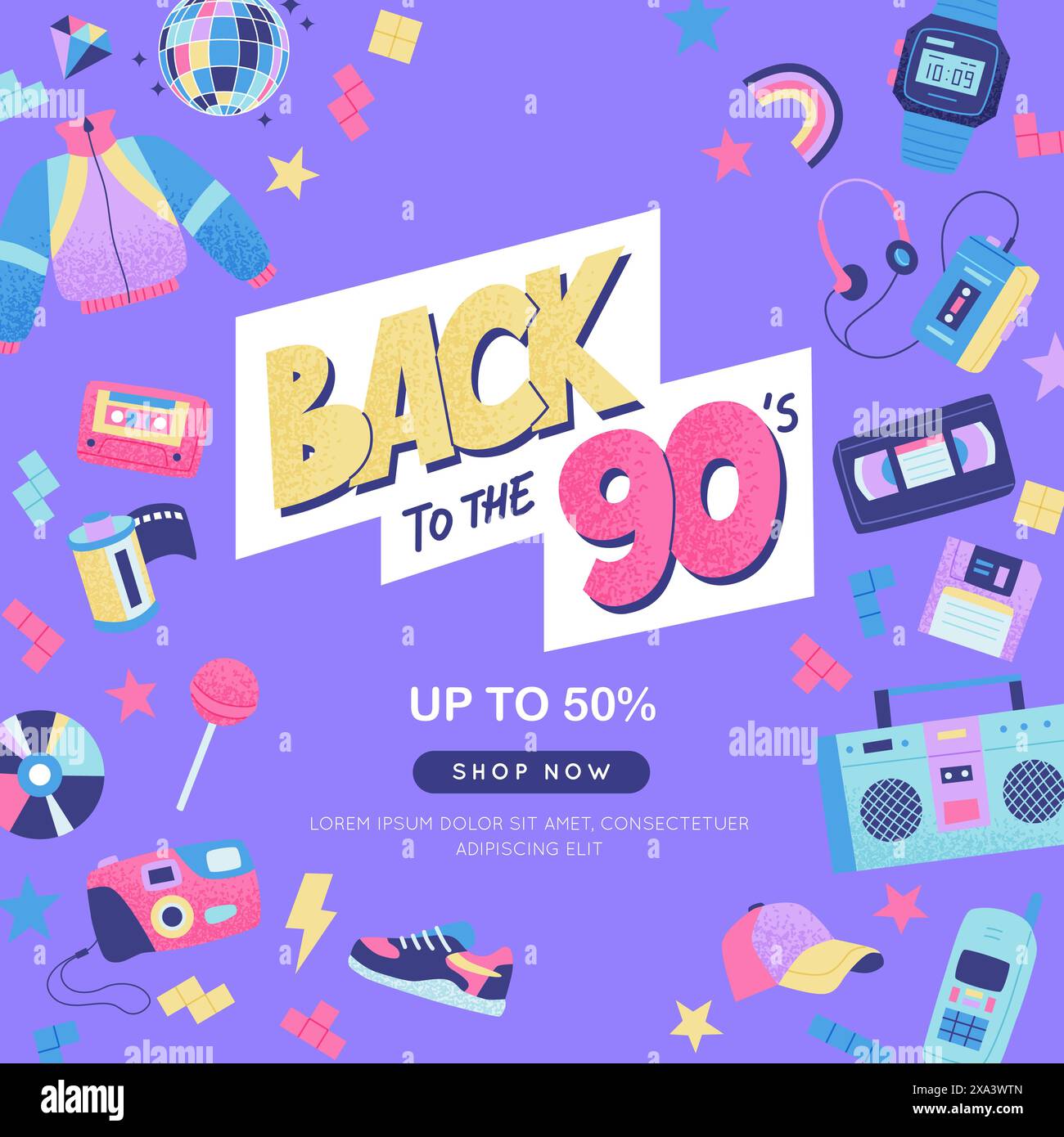 90s banner. Bright multicolour hand drawn lettering and elements ...