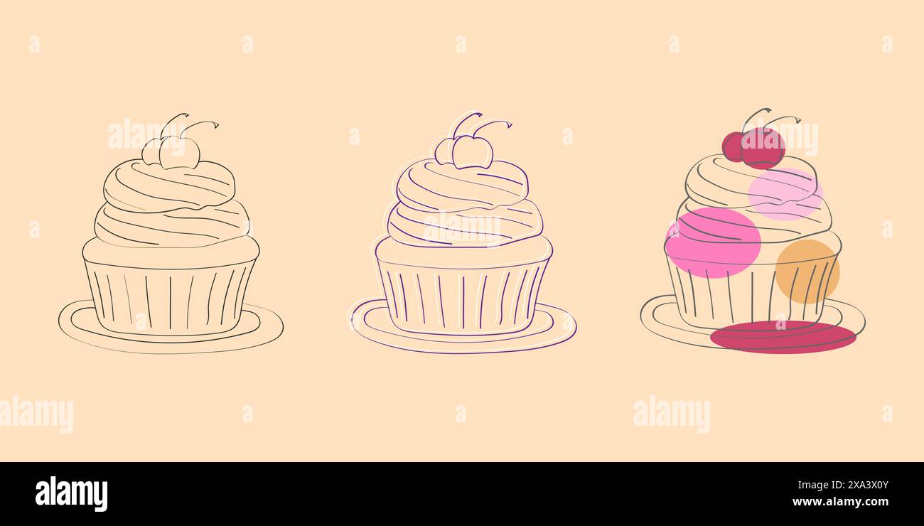 A simple line drawing of three cupcakes with cherry toppings. Each ...