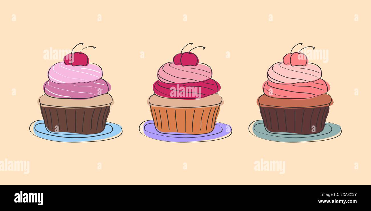 This illustration depicts three cherry cupcakes on plates, each with a ...