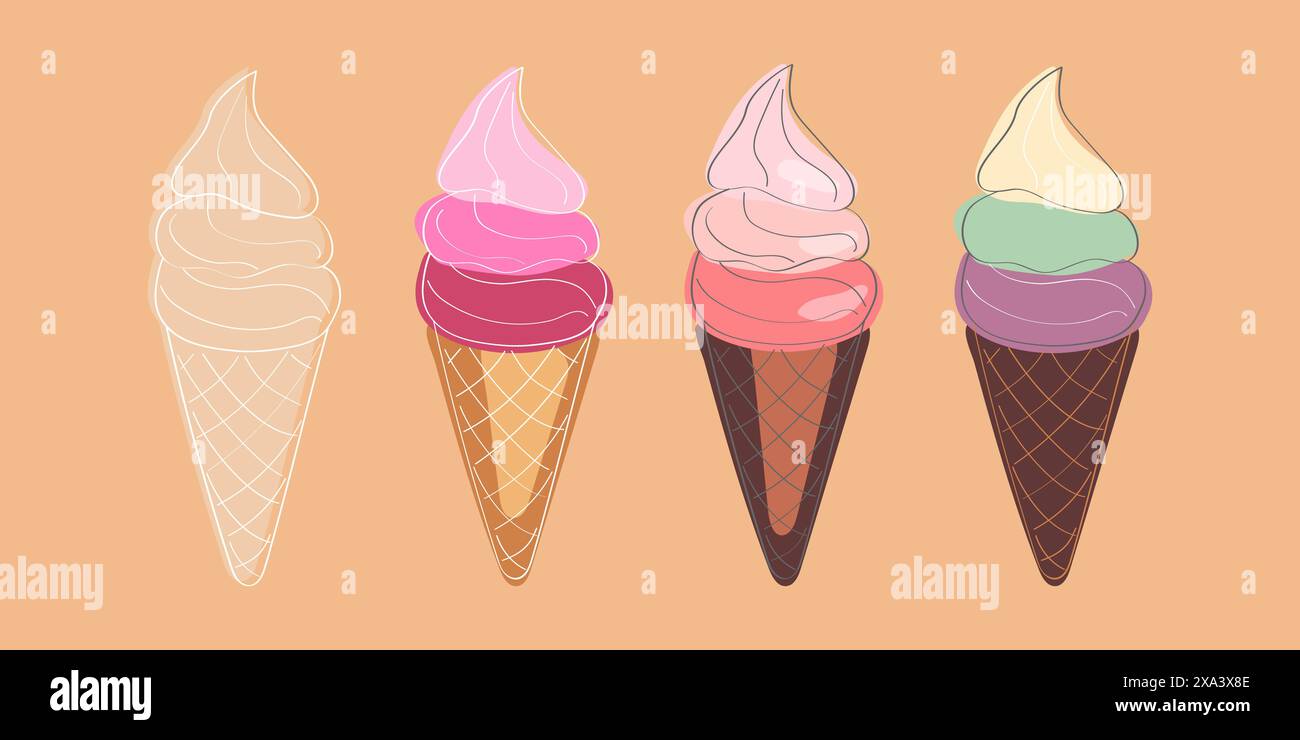 This image depicts four colorful ice cream cones, each with a different ...