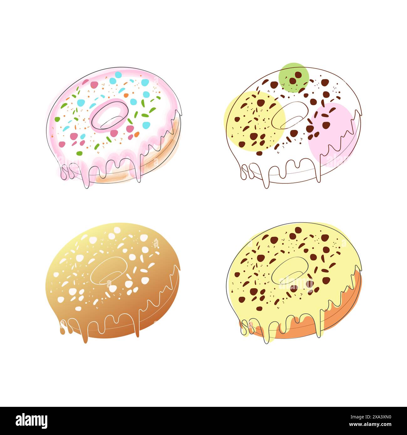 A digital illustration showcasing four glazed doughnuts with various ...