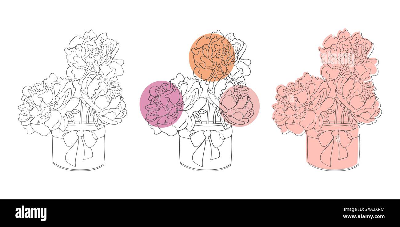 A simple line drawing of three variations of a set of peonies in a jar ...