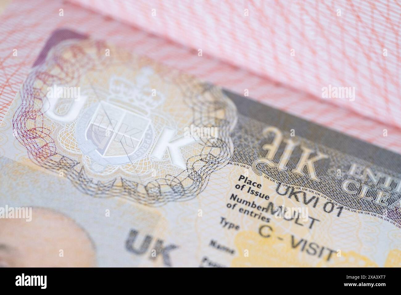 Detailed view of British United Kingdom tourist visa in passport ...
