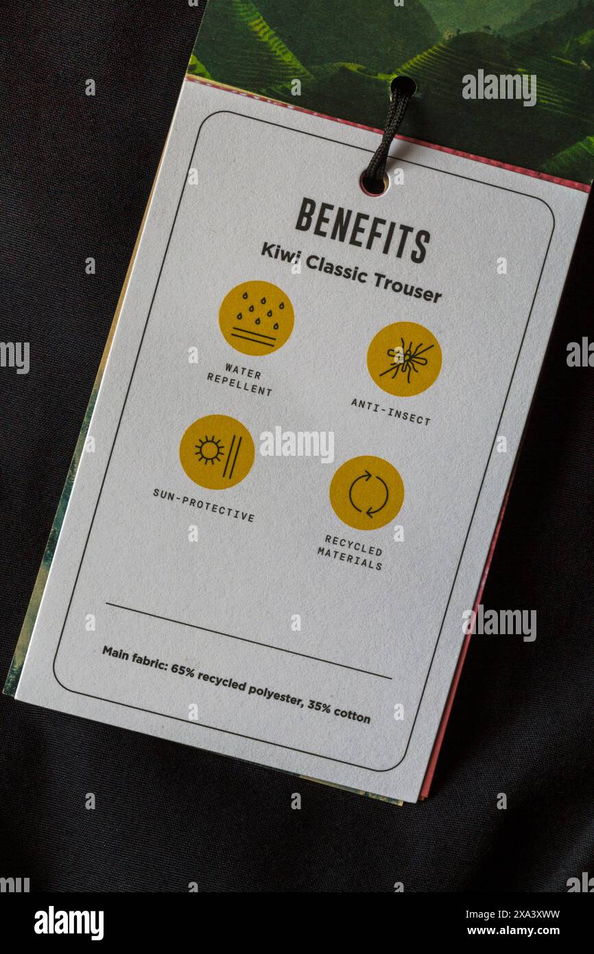 benefits label on Craghoppers Kiwi Classic Trousers Stock Photo - Alamy