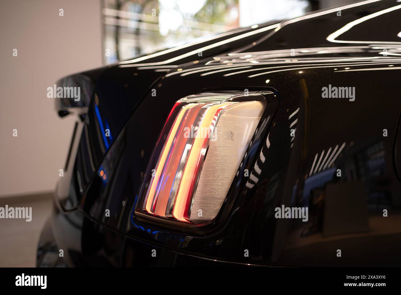 part of rear British black luxury limousine Rolls-Royce Phantom VIII ...