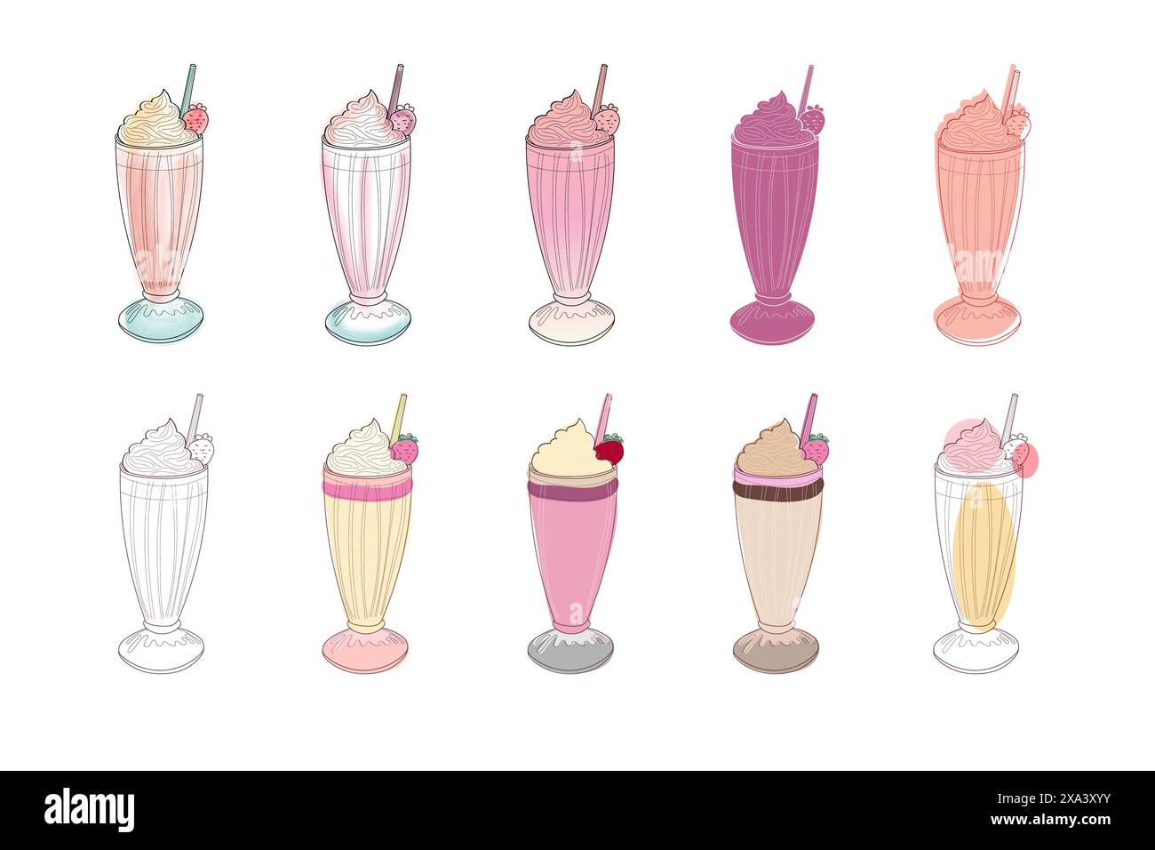 A collection of ten hand-drawn milkshake illustrations, featuring ...