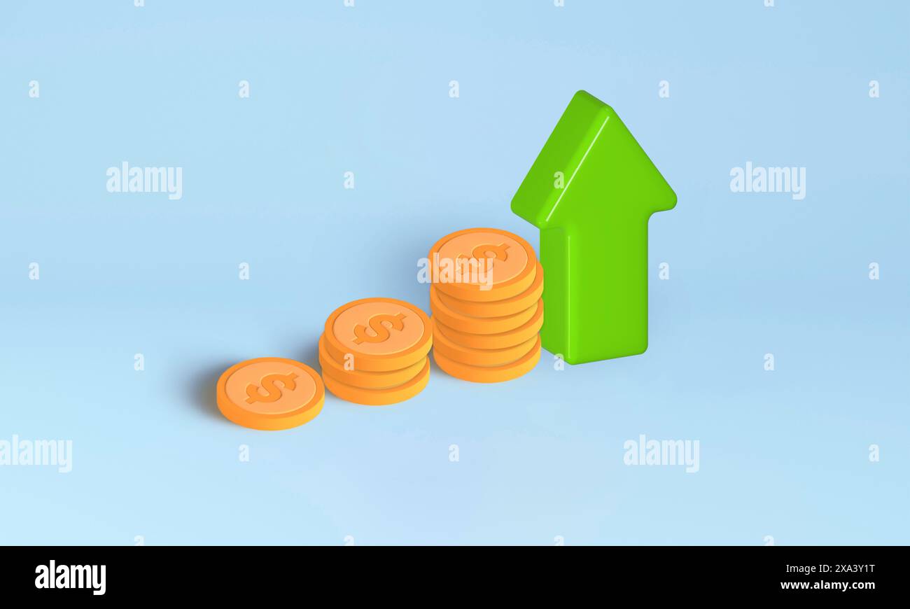 3D illustration of a green arrow pointing upwards beside stacked gold ...