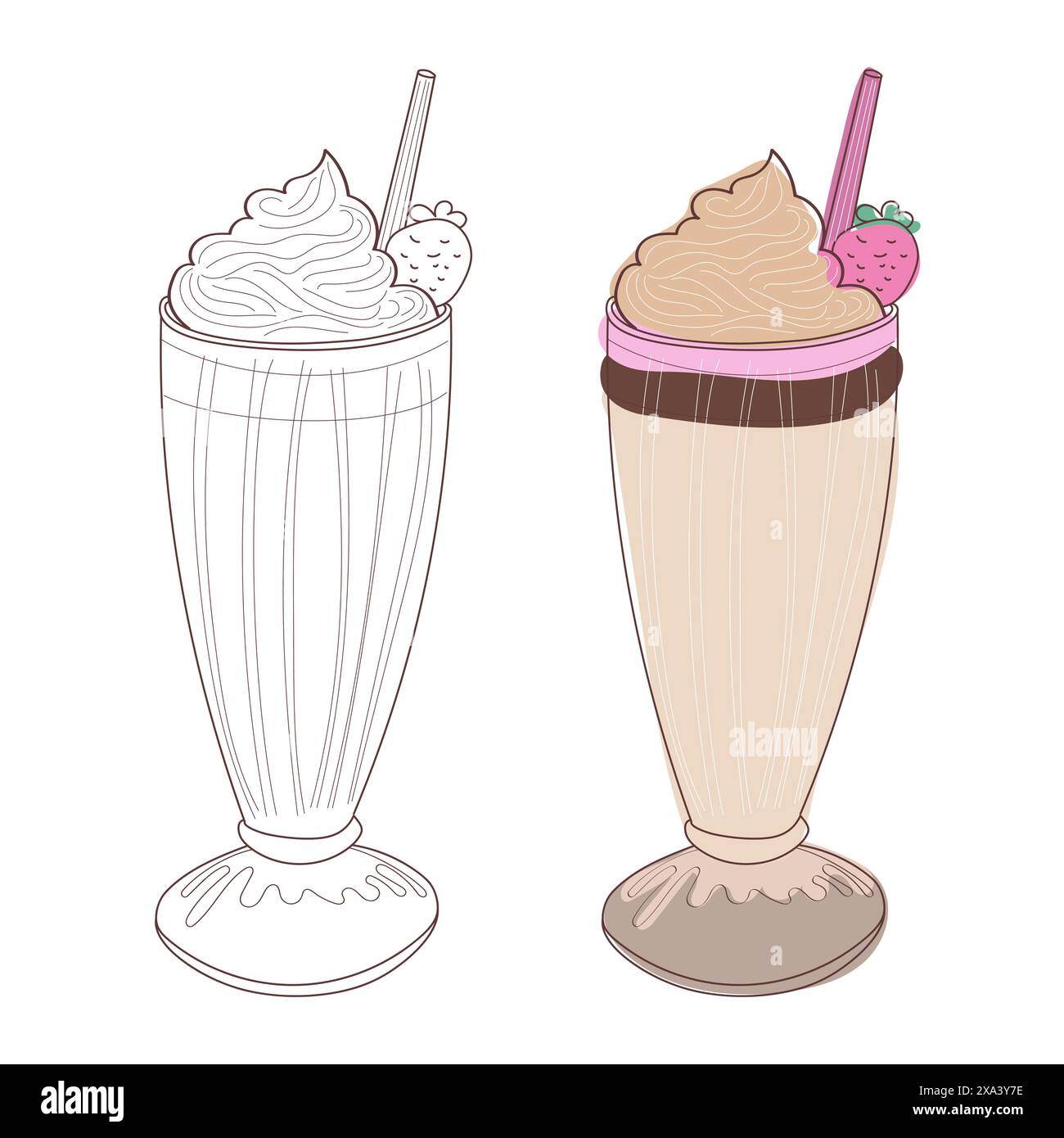 A line drawing illustration of a strawberry milkshake with whipped ...