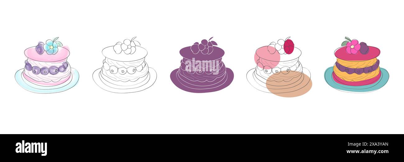 A set of five hand-drawn cakes with various toppings and color schemes ...