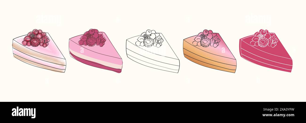 A digital illustration of five cake slices with berries. Each slice has ...