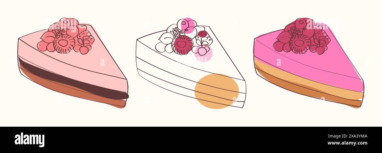 An illustration of three slices of raspberry cake, each with a ...