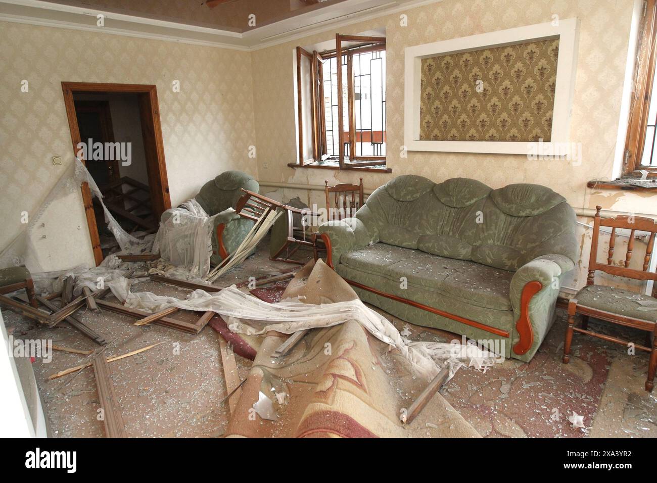 DNIPRO, UKRAINE - JUNE 4, 2024 - Broken furniture is seen inside a ...
