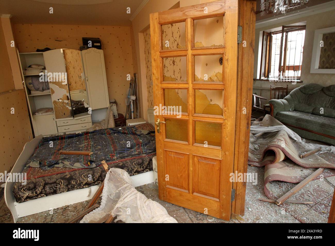 DNIPRO, UKRAINE - JUNE 4, 2024 - Broken furniture is seen inside a ...
