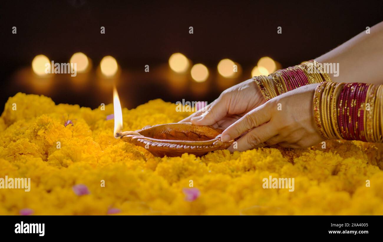 Clay diya lamps lit during diwali celebration, Diwali, or Deepavali, is ...