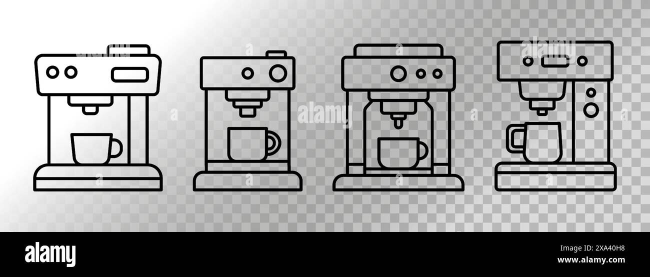Four black linear icons of modern coffee makers with a cup. For social ...