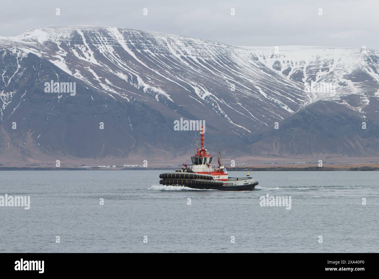 Tug boat in Faxi's Bay, Reykjavik, with snow covered mountains in the ...