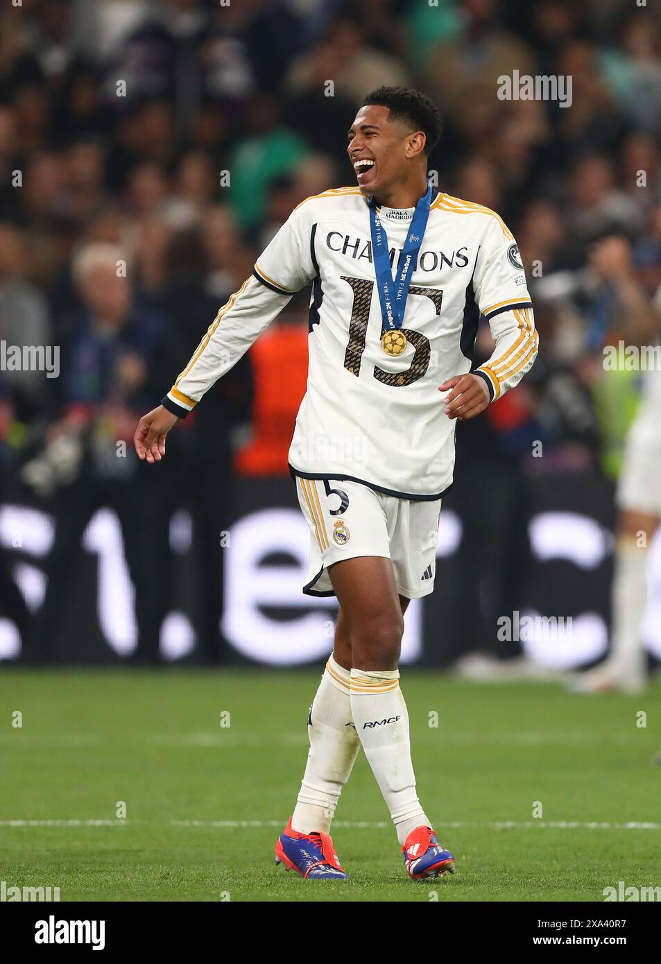 Jude Bellingham of Real Madrid celebrates after winning the UEFA ...