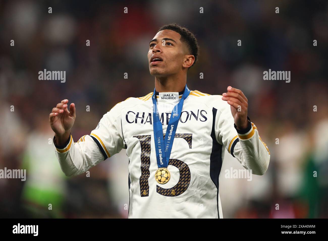 Jude Bellingham of Real Madrid looks on after winning the UEFA ...