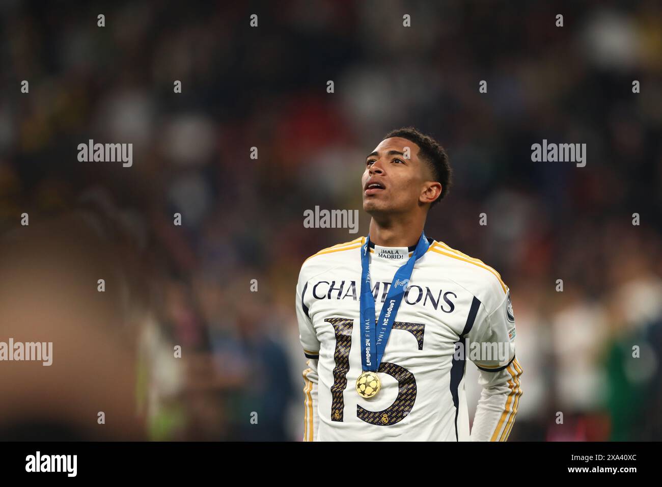 Jude Bellingham of Real Madrid looks on after winning the UEFA ...