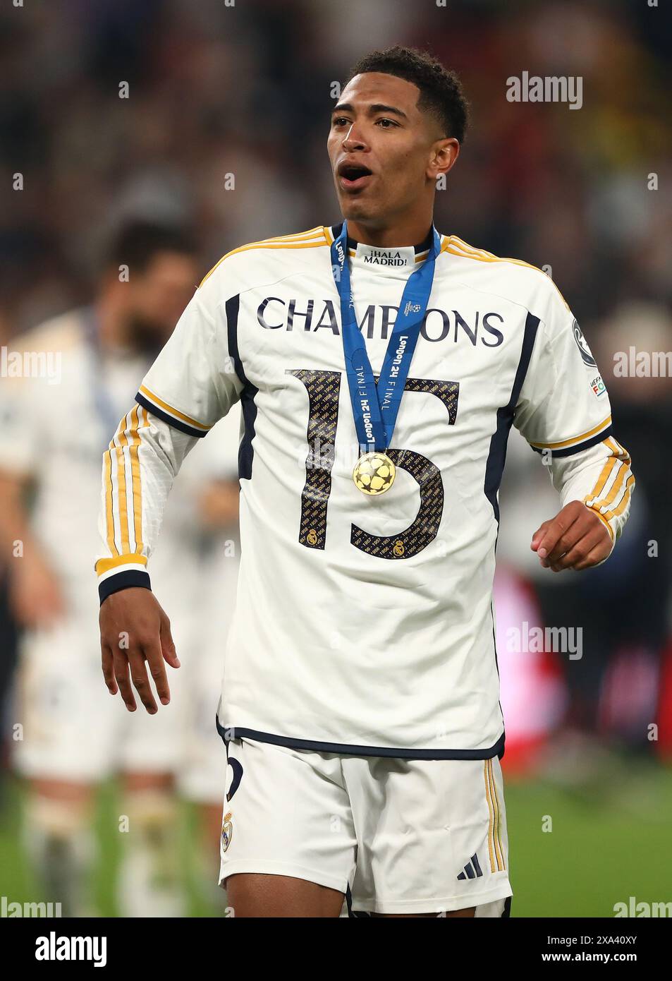 Jude Bellingham of Real Madrid celebrates after winning the UEFA ...