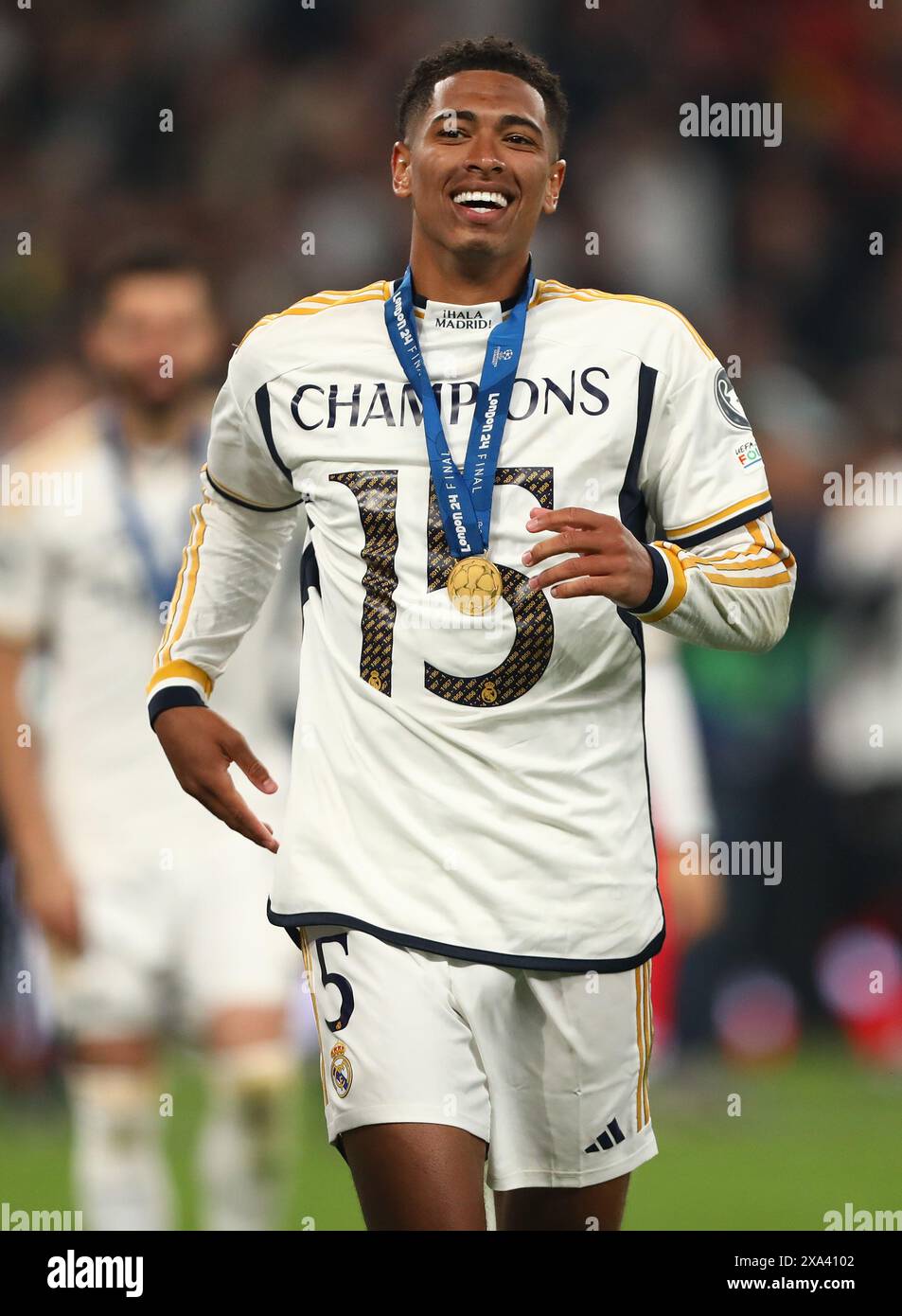 Jude Bellingham of Real Madrid celebrates after winning the UEFA ...