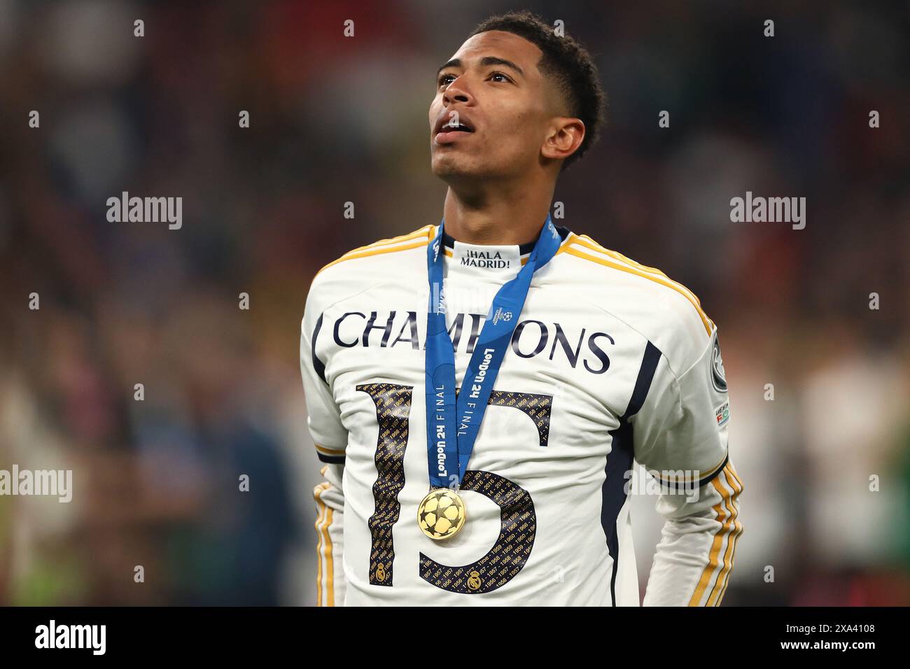 Jude Bellingham of Real Madrid looks on after winning the UEFA ...