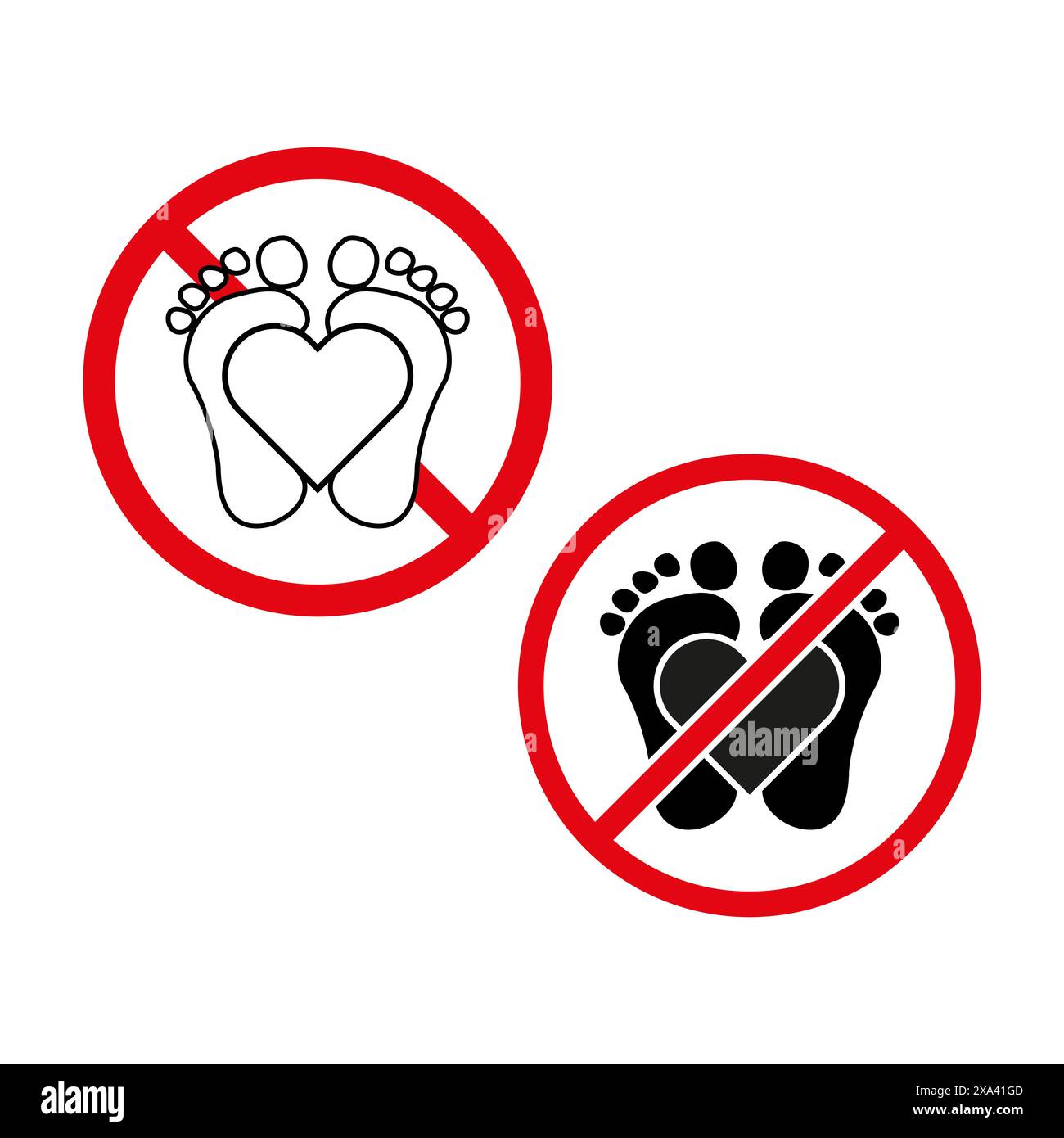 No baby feet. Prohibition sign. Red circle cross. Heart shape detail ...