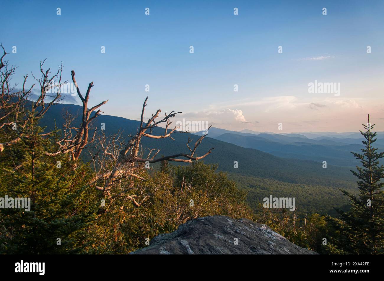 A view of mount mansfield state forest and landscape at sunset in ...