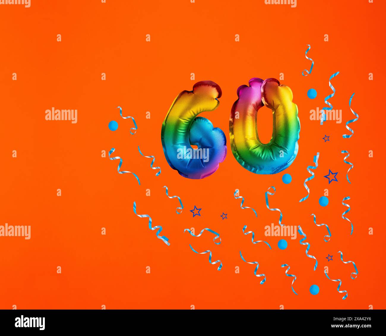 Multicolor balloon number 60 - Confetti explosion on orange background ...