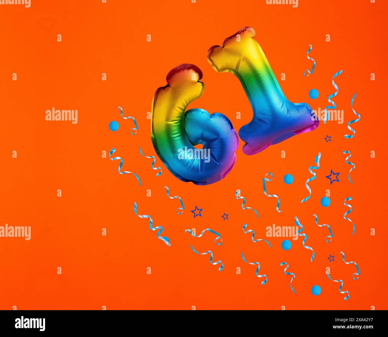 Confetti explosion with number 61 balloon - Celebration on orange ...