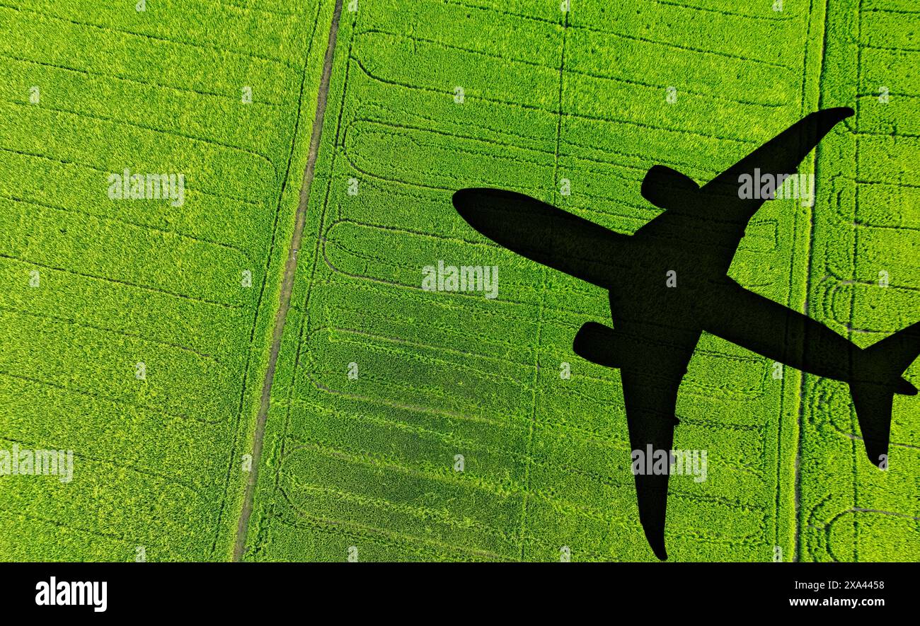 Shadow airplane flying above green field. Sustainable fuel. Biofuel in ...