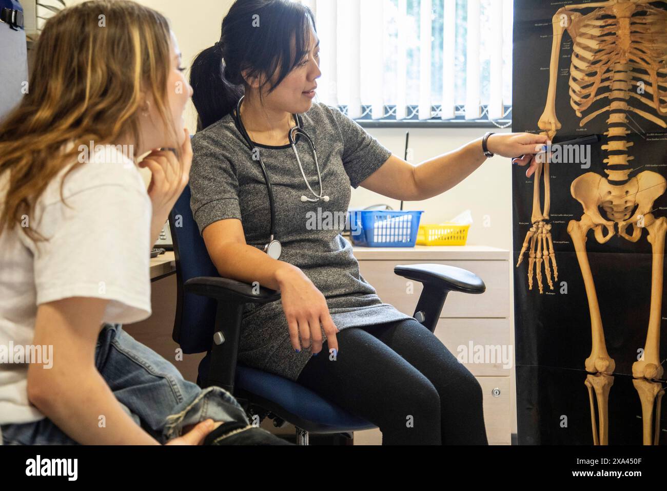 Medical professional explaining anatomy to a patient in a medical ...