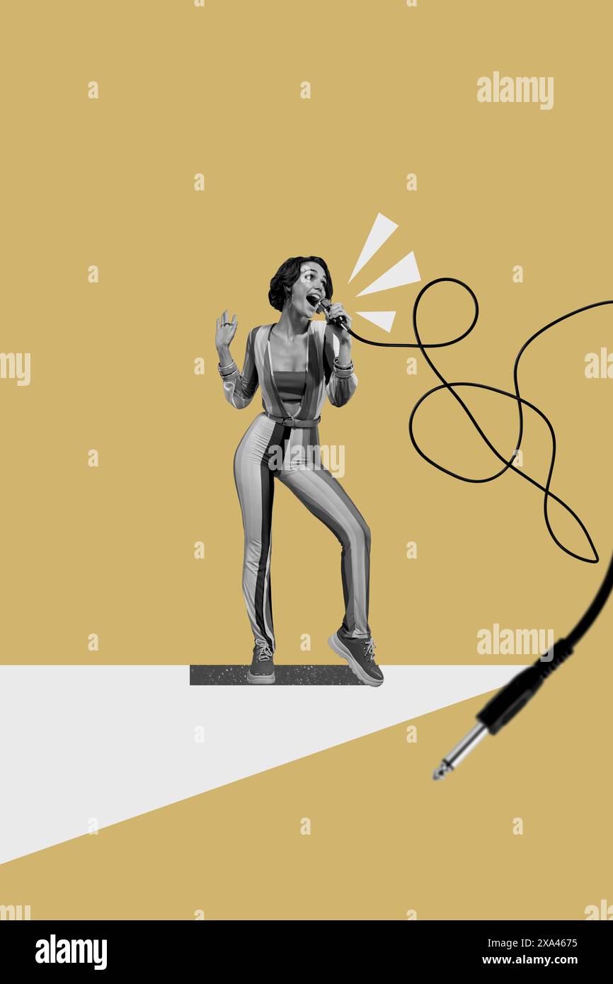 Vertical collage picture young woman singer audio karaoke music cable ...