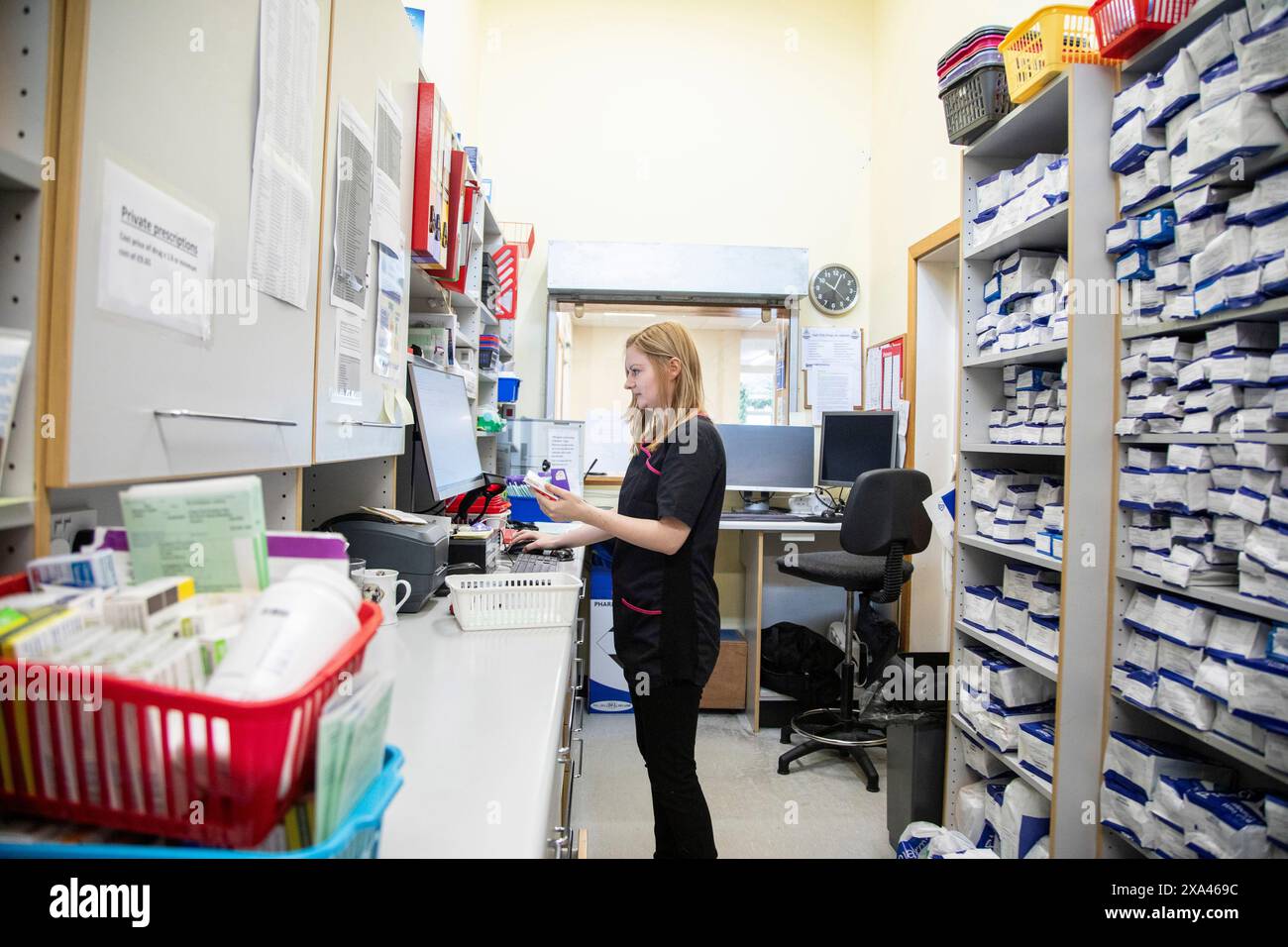 Pharmacist working at a computer in a pharmacy surrounded by medication ...