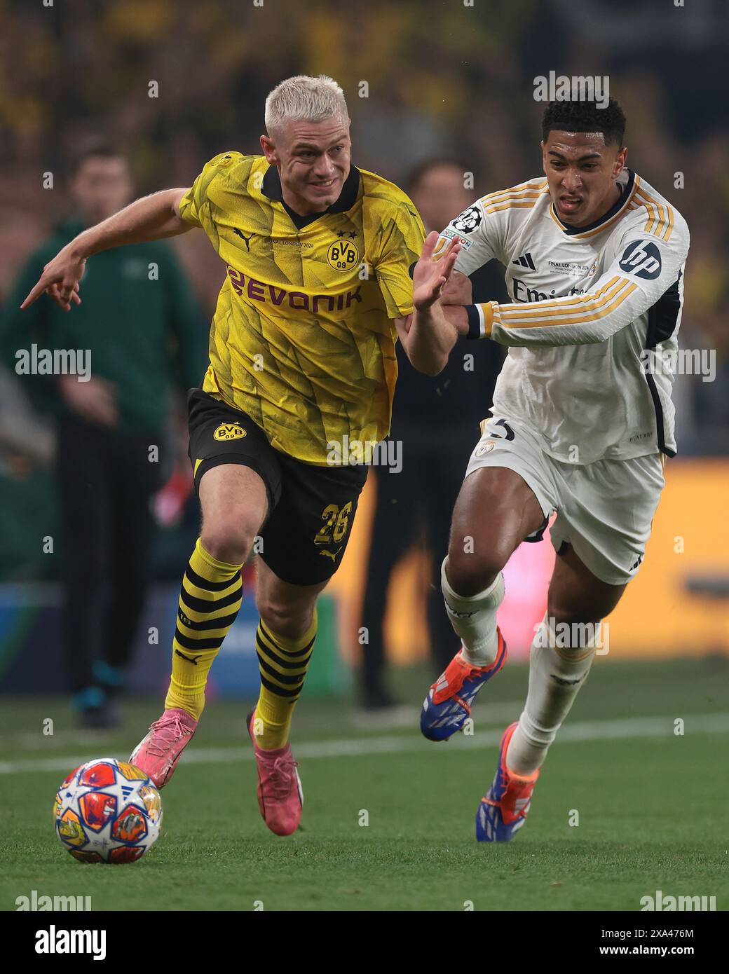 London, UK. 1st June, 2024. Jude Bellingham of Real Madrid tussles with ...