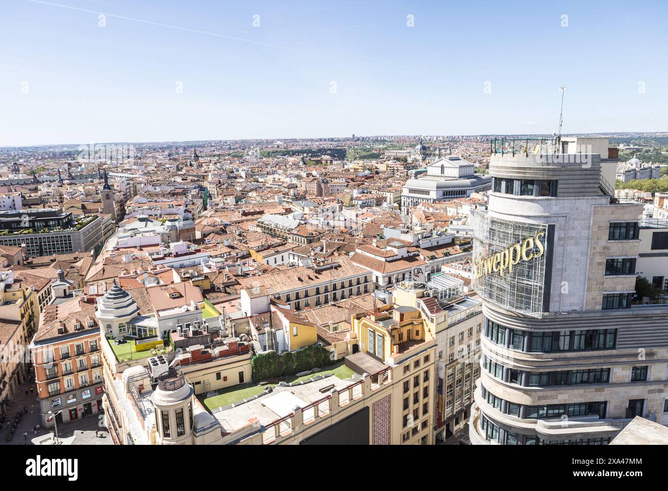 Madrid, SPAIN-April 13, 2023: View from above of the Plaza de Callao in ...