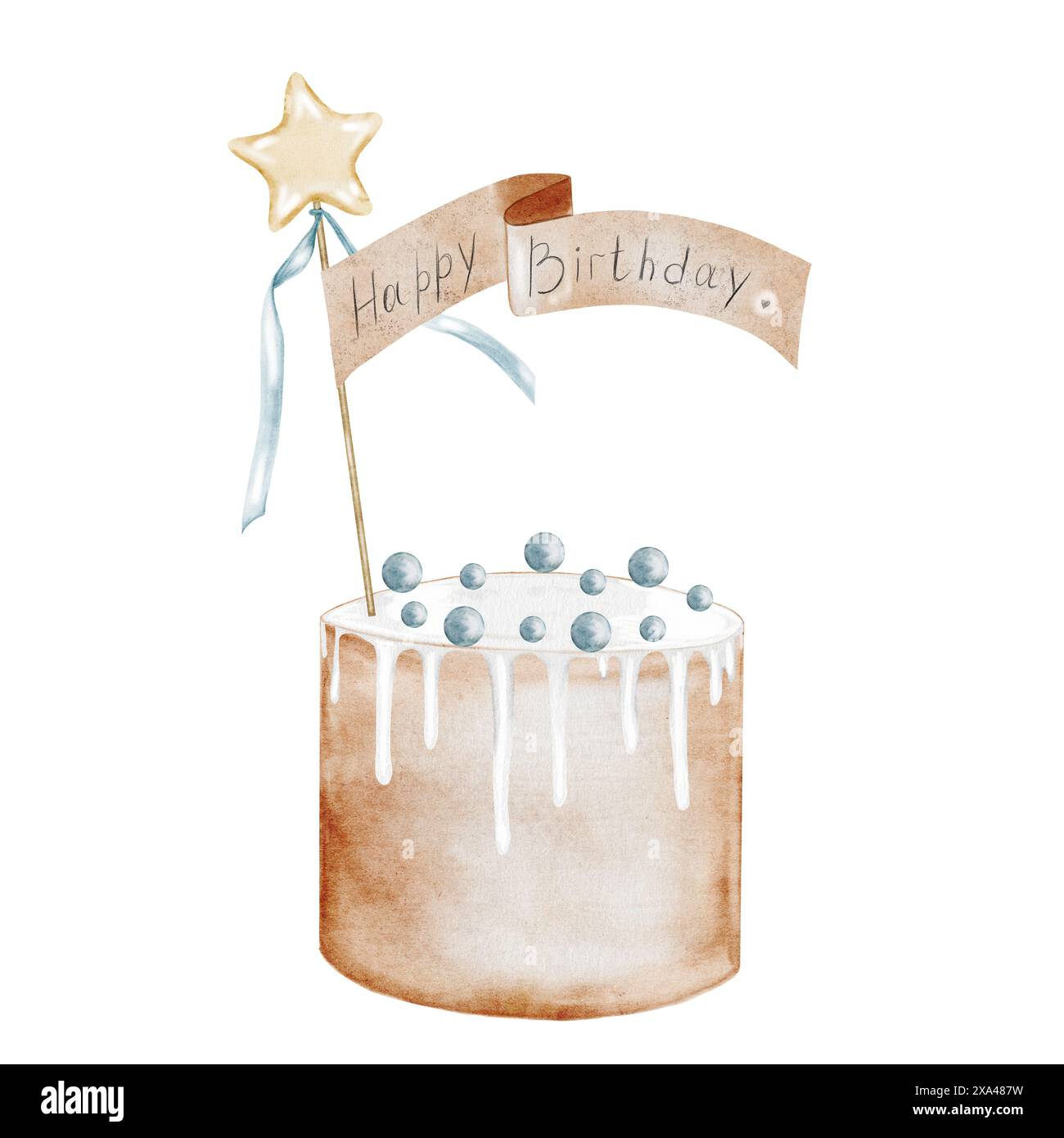 Birthday cake watercolor. Vintage illustration hand drawing of a ...