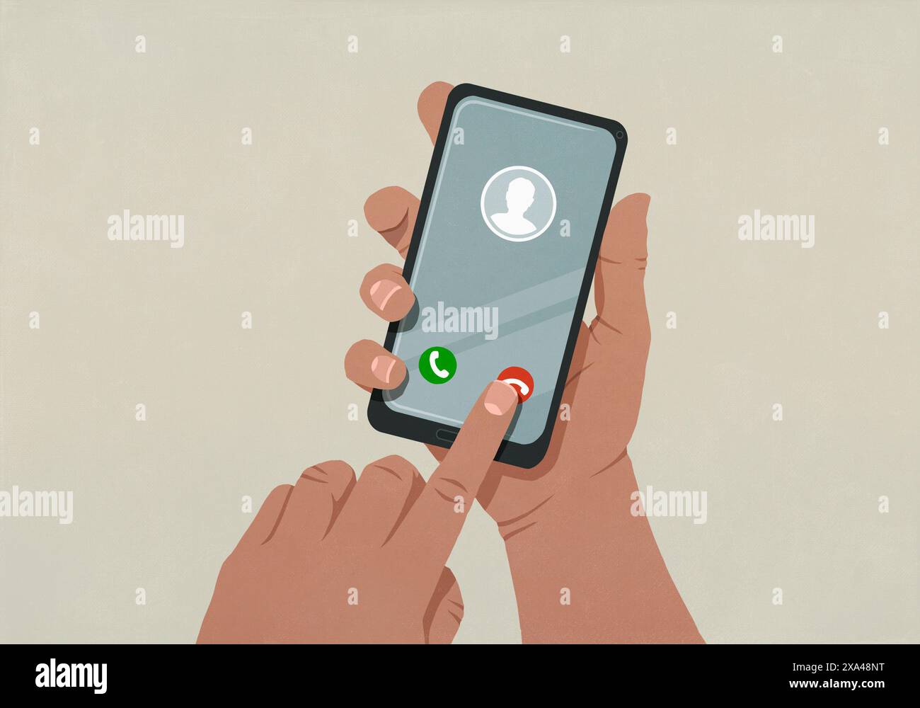 POV person looking down at smart phone screen and declining incoming ...