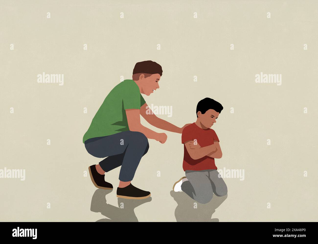 Father comforting angry son kneeling with arms crossed Stock Photo - Alamy