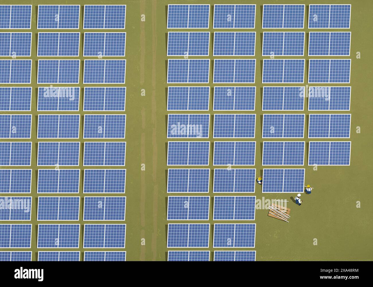 View from above engineers assembling solar panels on solar farm Stock ...