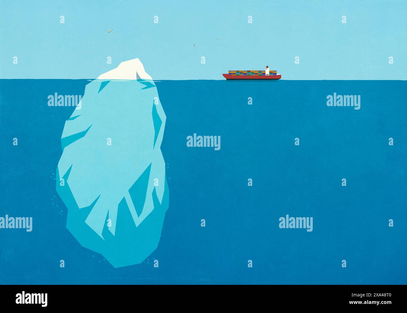 Container ship on ocean surface nearing large underwater iceberg Stock ...