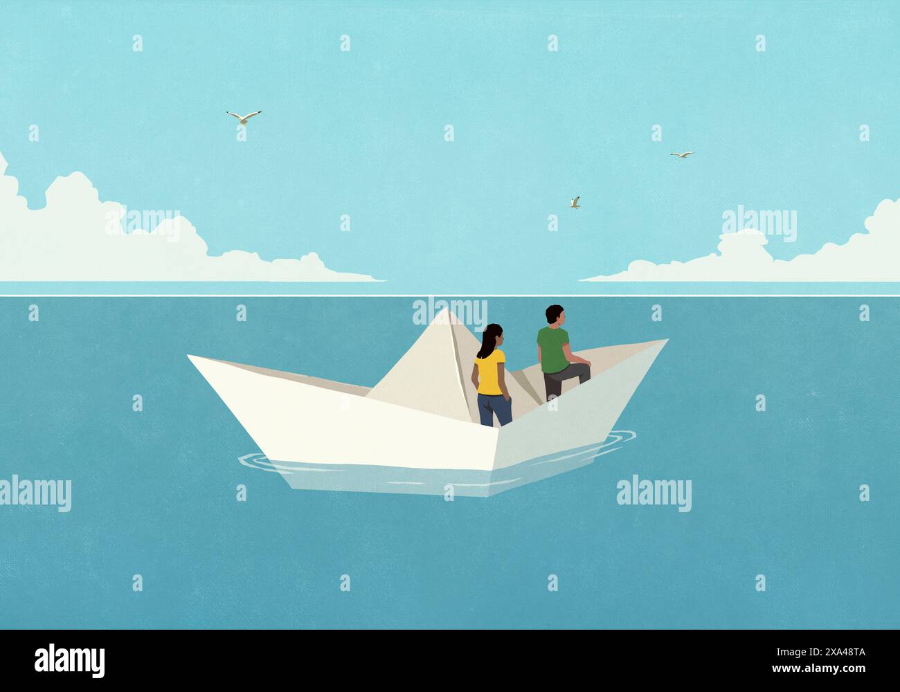 Couple floating in paper boat on ocean Stock Photo - Alamy