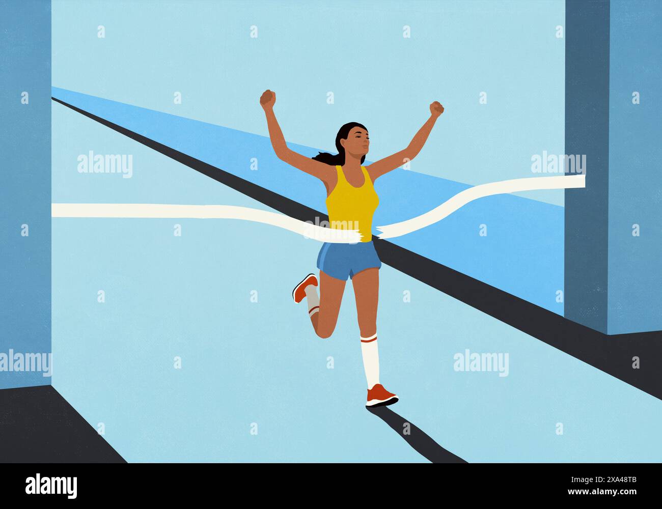 Female runner crossing finish line with arms raised Stock Photo - Alamy